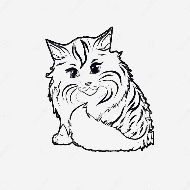 Fluffy Cat Vector Drawing in Black and White Stock Vector ...