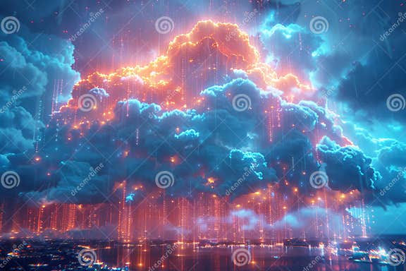 Fluffy Cloud Raining Binary Code Over Cityscape Stock Illustration ...