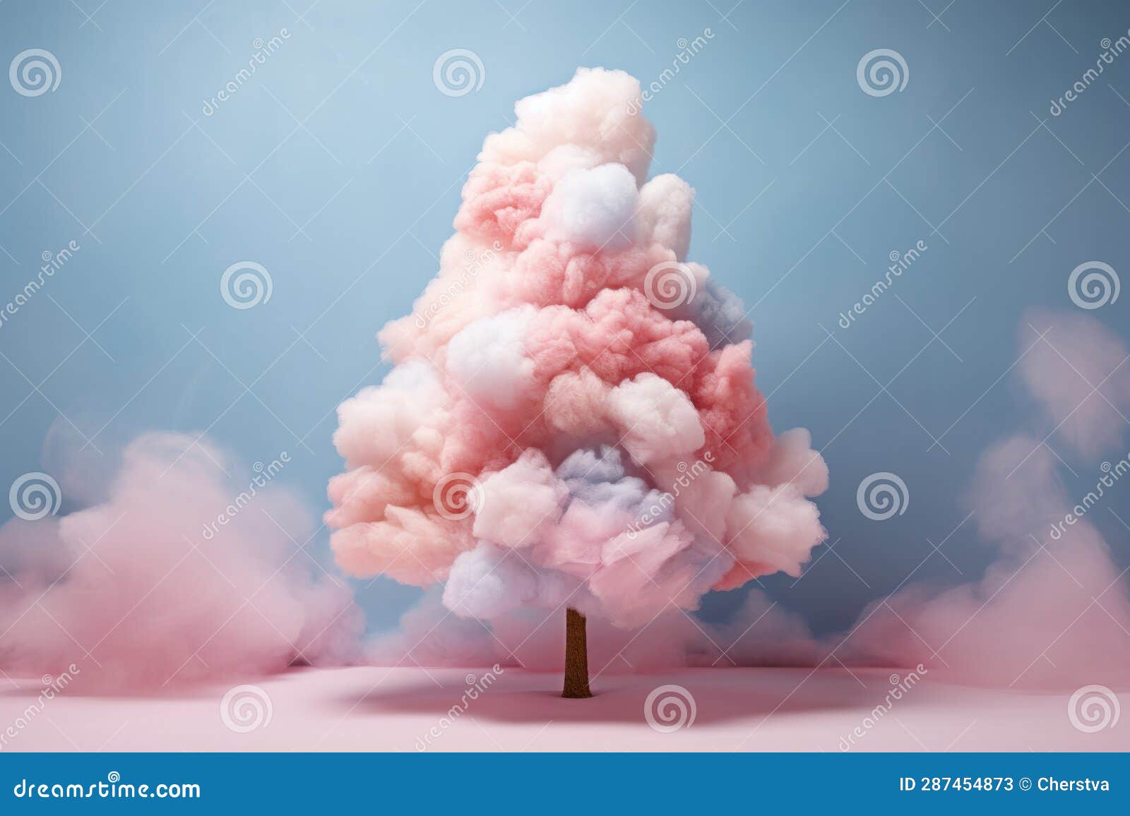 Fluffy Cotton Candy Tree on Pink Floor and Blue Background Stock ...