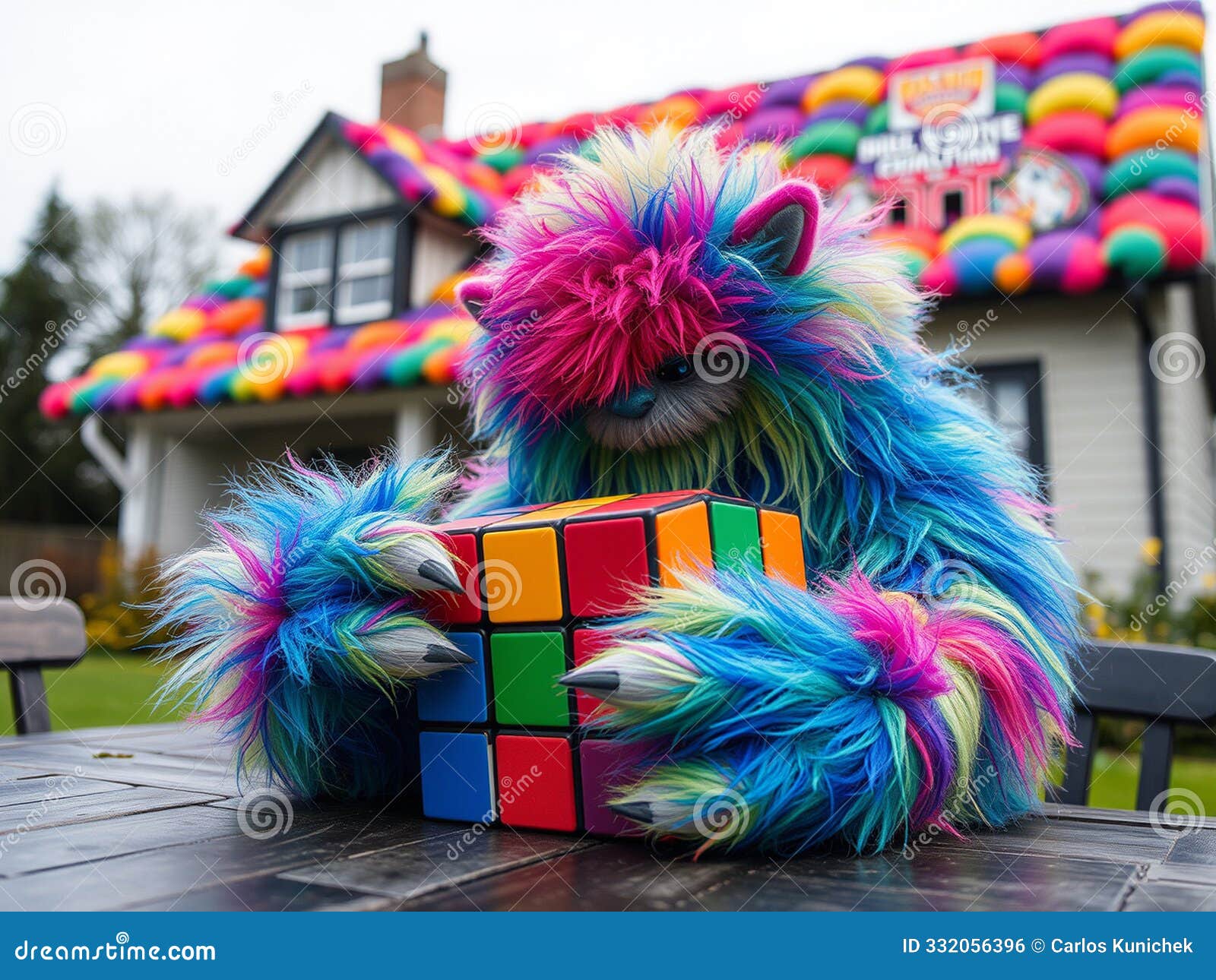 A Fluffy Cuddy Monster Solving a Rubiks Cube Covered Rainbow Coloured ...