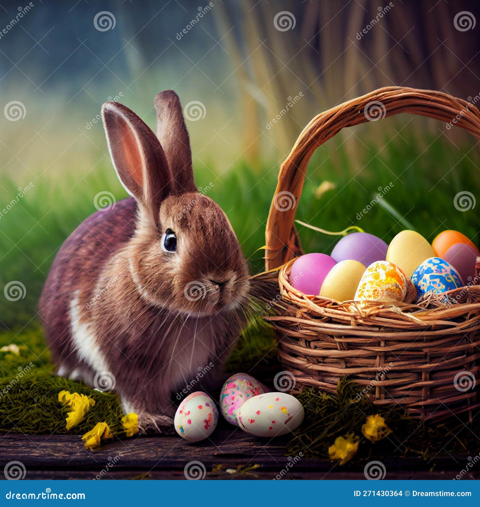 Fluffy Easter Bunny with a Basket of Festive Easter Eggs - AI Generated ...