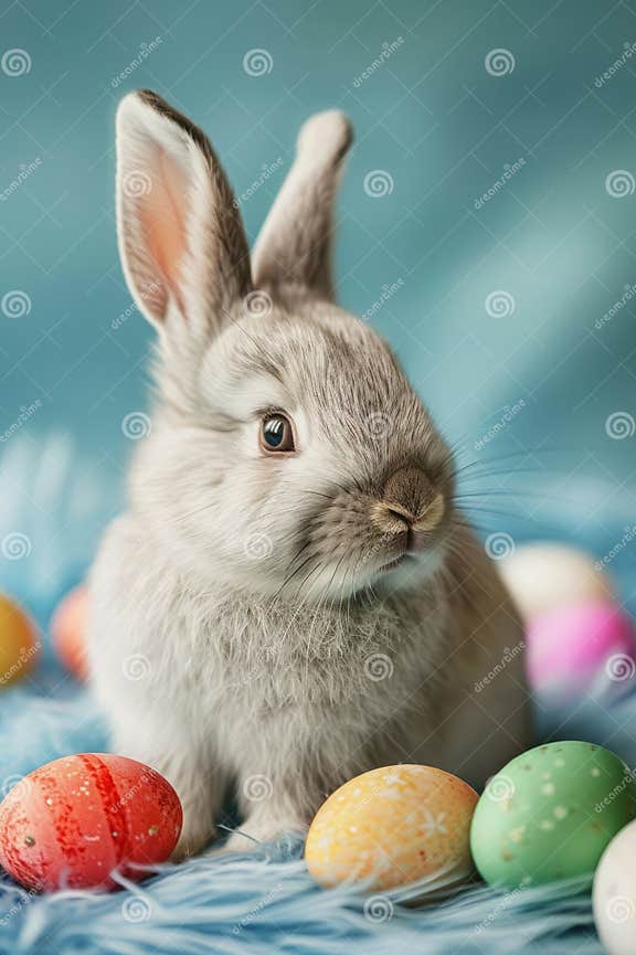 Fluffy Easter Bunny on a Pastel Background with Colored Easter Eggs ...