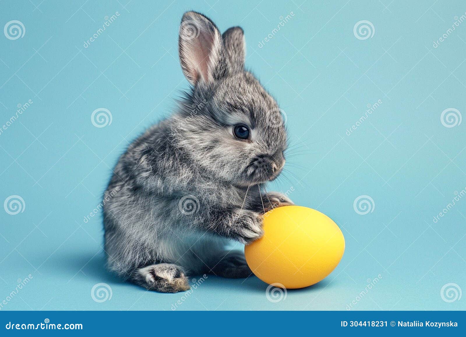 Fluffy Easter Bunny with a Yellow Painted Egg on a Blue Background ...
