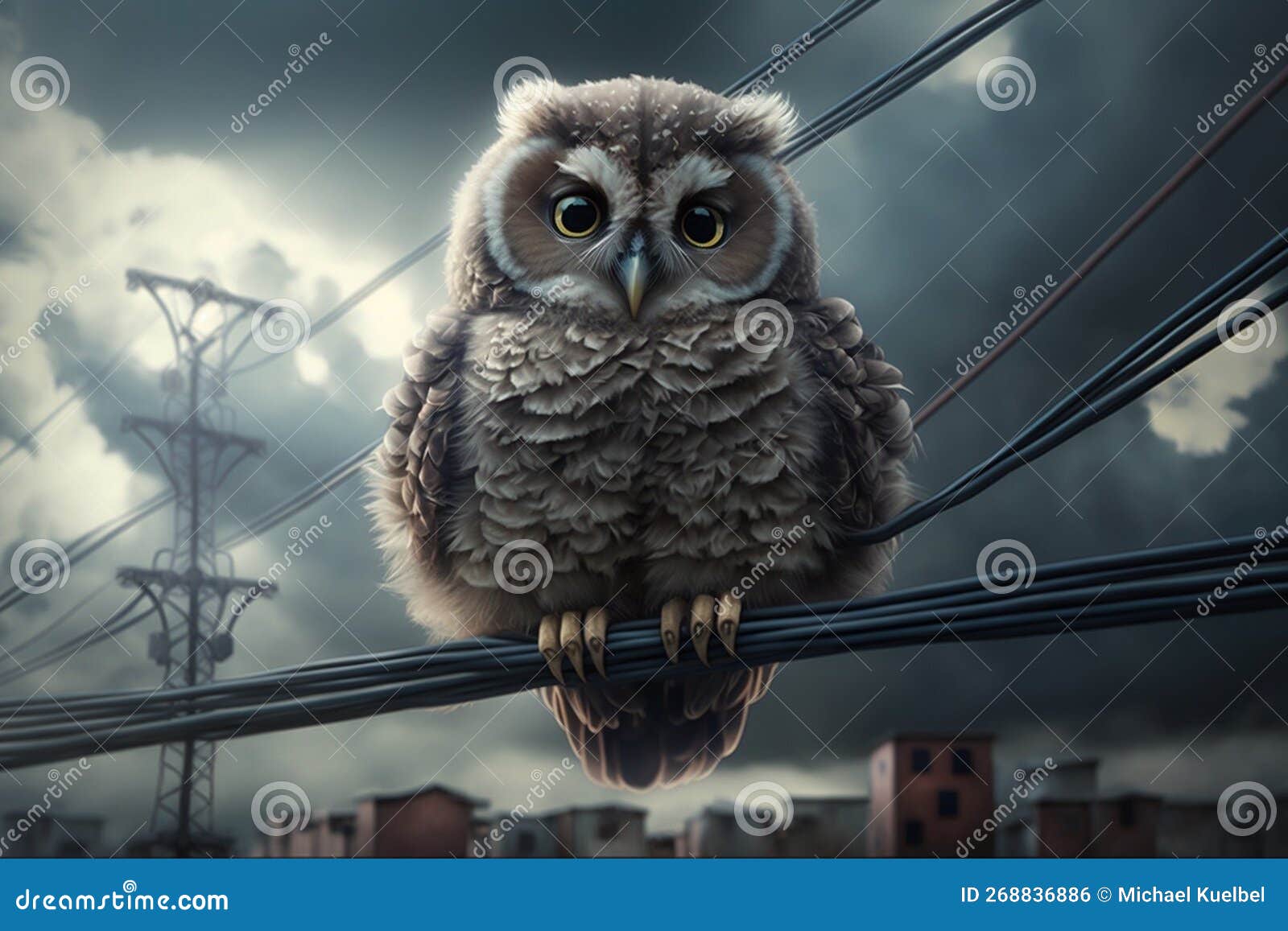 Fluffy Owl Sits on a Power Line in a City Stock Illustration ...