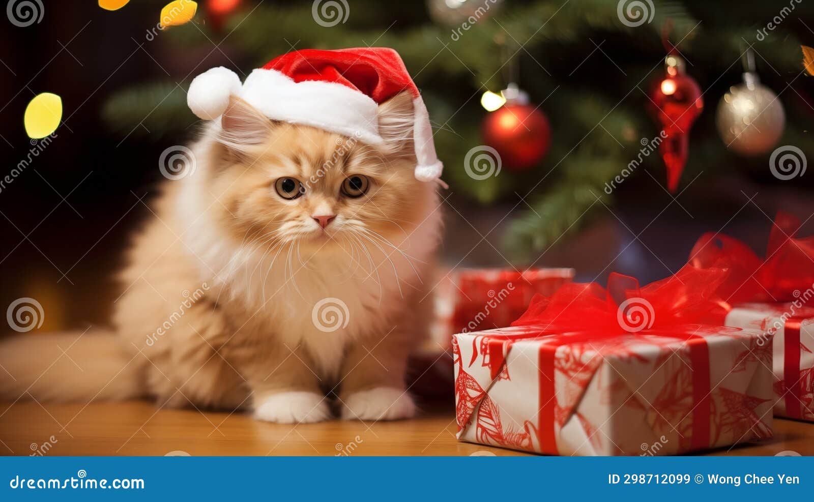 Fluffy Ginger Cat Christmas Hat Tree Presents Stock Image - Image of ...