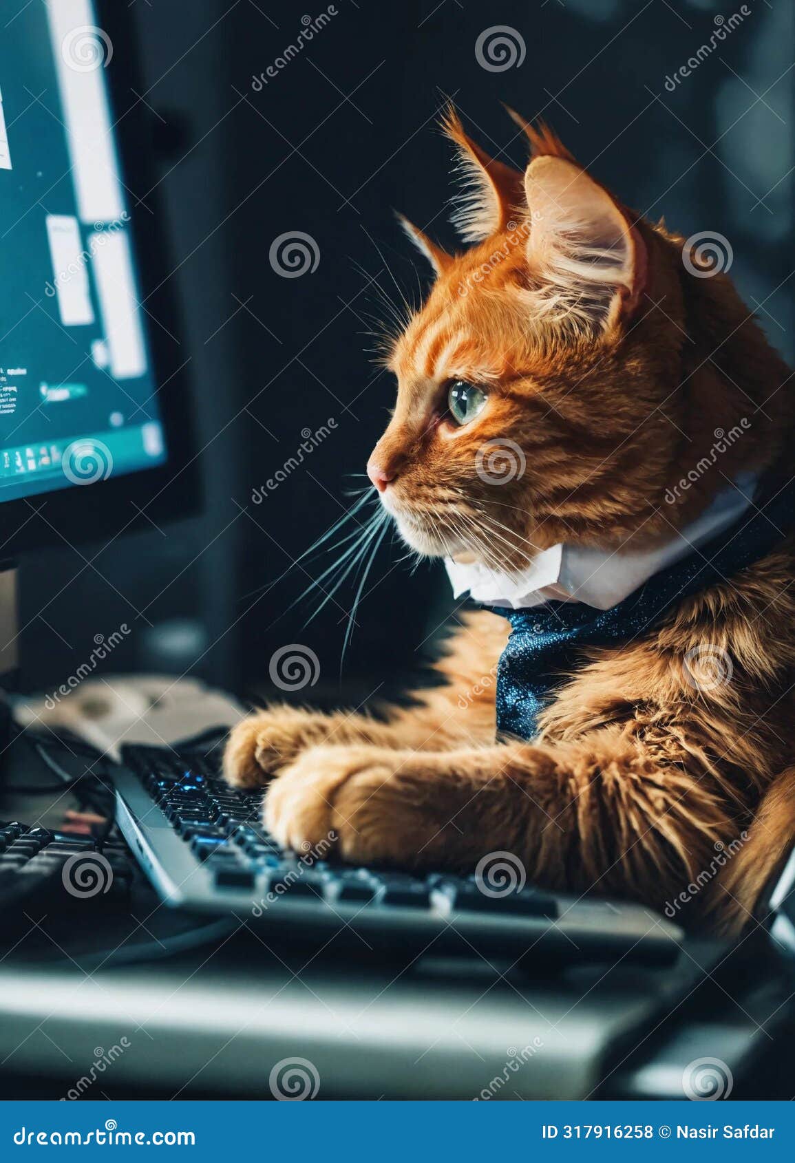 Fluffy Ginger Cat is Working at the Computer Dressed Stock Illustration ...