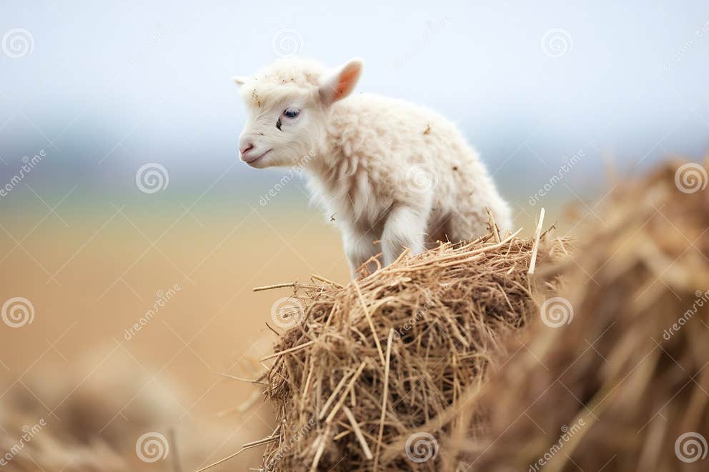 Fluffy Goat Kid Climbing Haystack with Effort Stock Photo - Image of ...