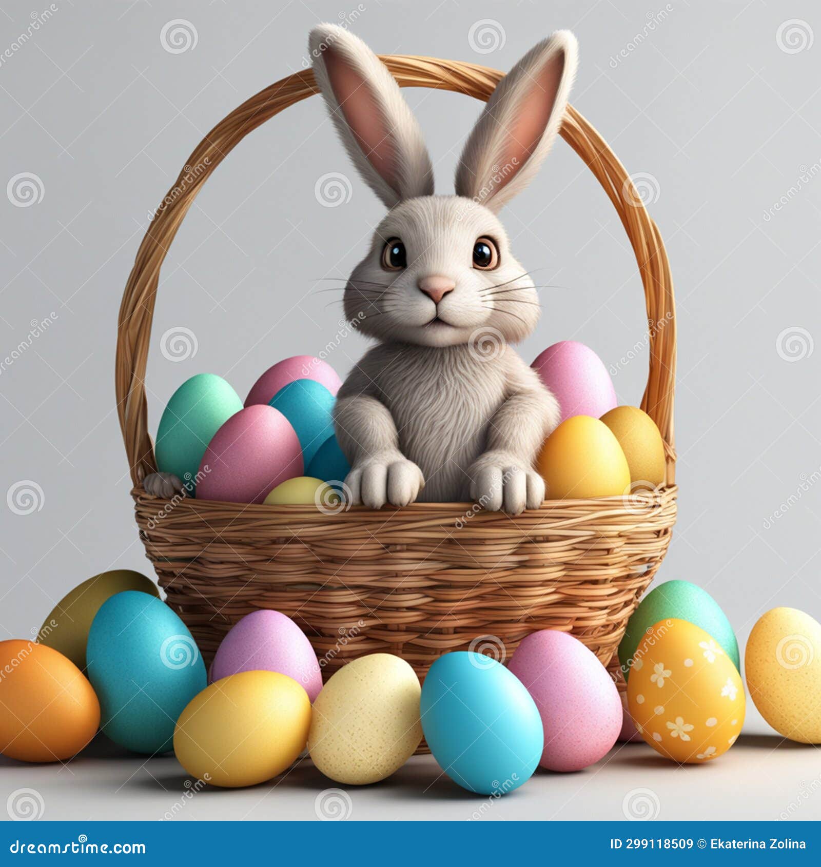 Fluffy Gray Bunny in a Basket with Easter Eggs on a Light Background ...