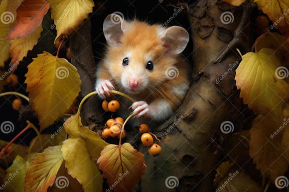 Fluffy Hamster on a Tree with Leaves Stock Illustration - Illustration ...