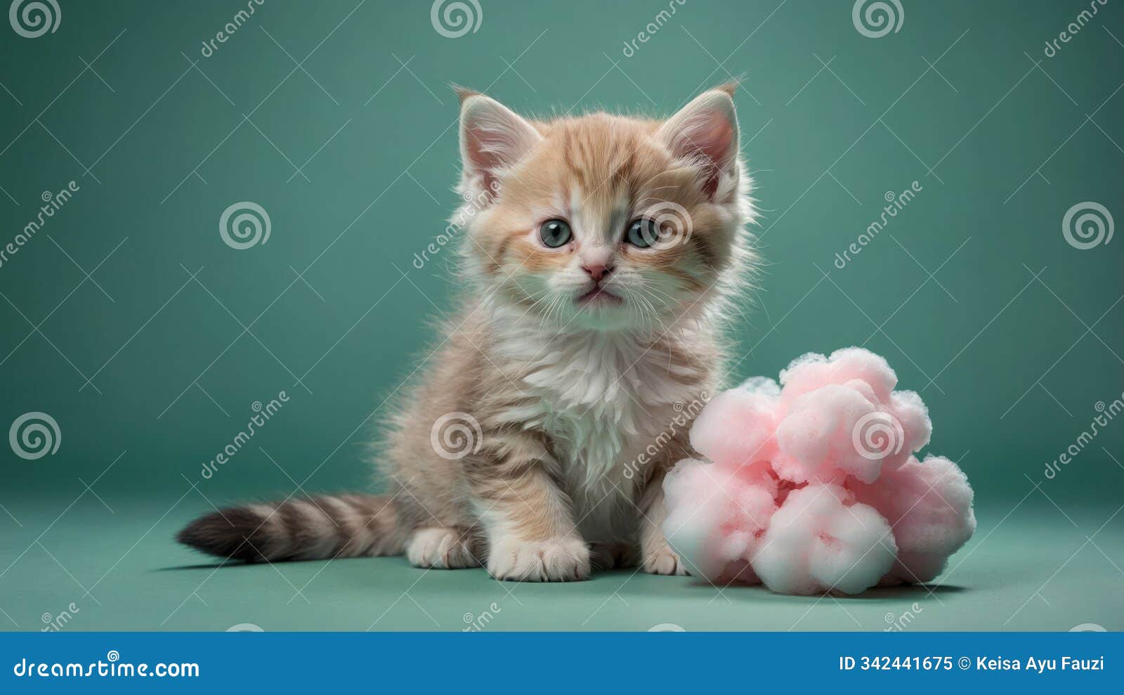 A Fluffy Kitten Sits beside a Pink Cotton Candy Puff on a Green ...