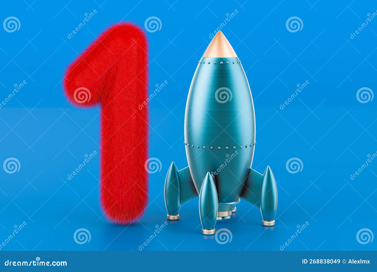 Fluffy Number 1 with Rocket, 3D Rendering Stock Illustration ...