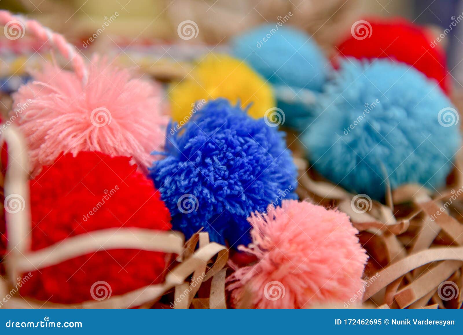 Fluffy Pom Poms with Multi-colored Threads. Stock Image - Image of ...