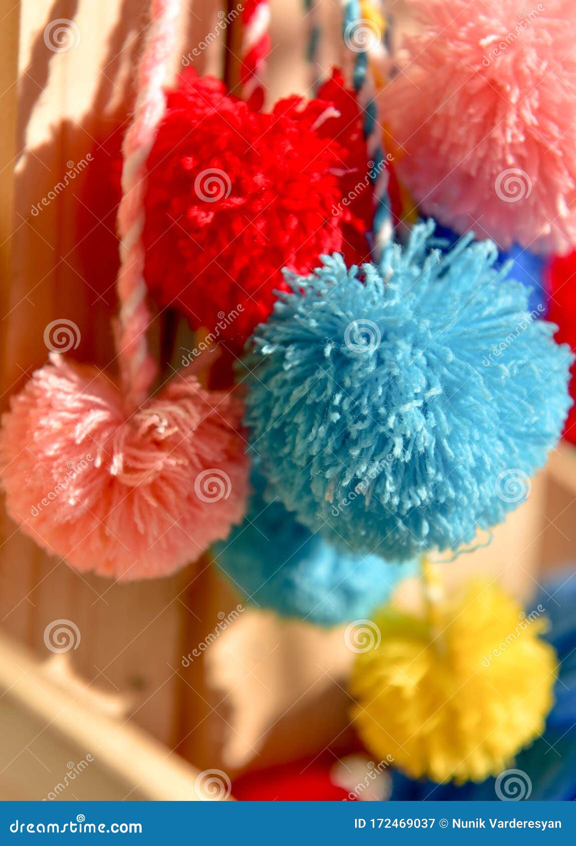 Fluffy Pom Poms with Multi-colored Threads. Stock Image - Image of ...