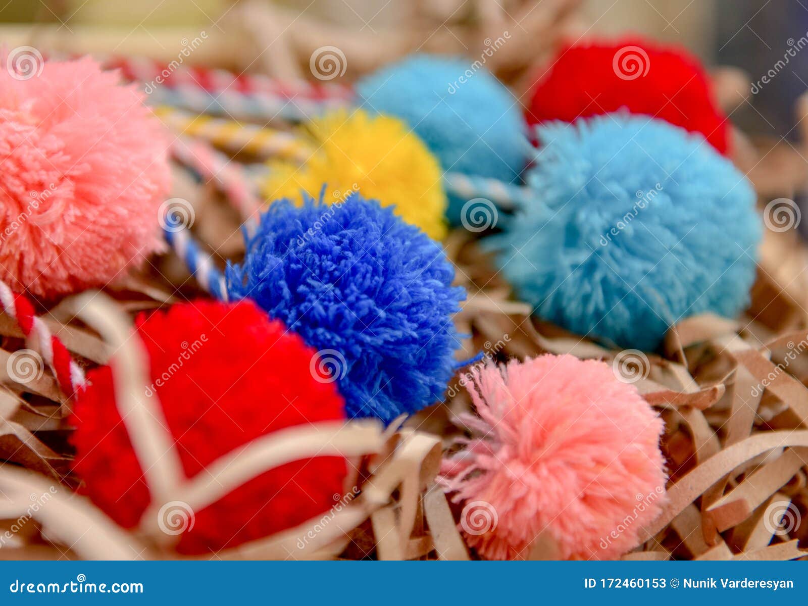 Fluffy Pom Poms with Multi-colored Threads. Stock Image - Image of ...