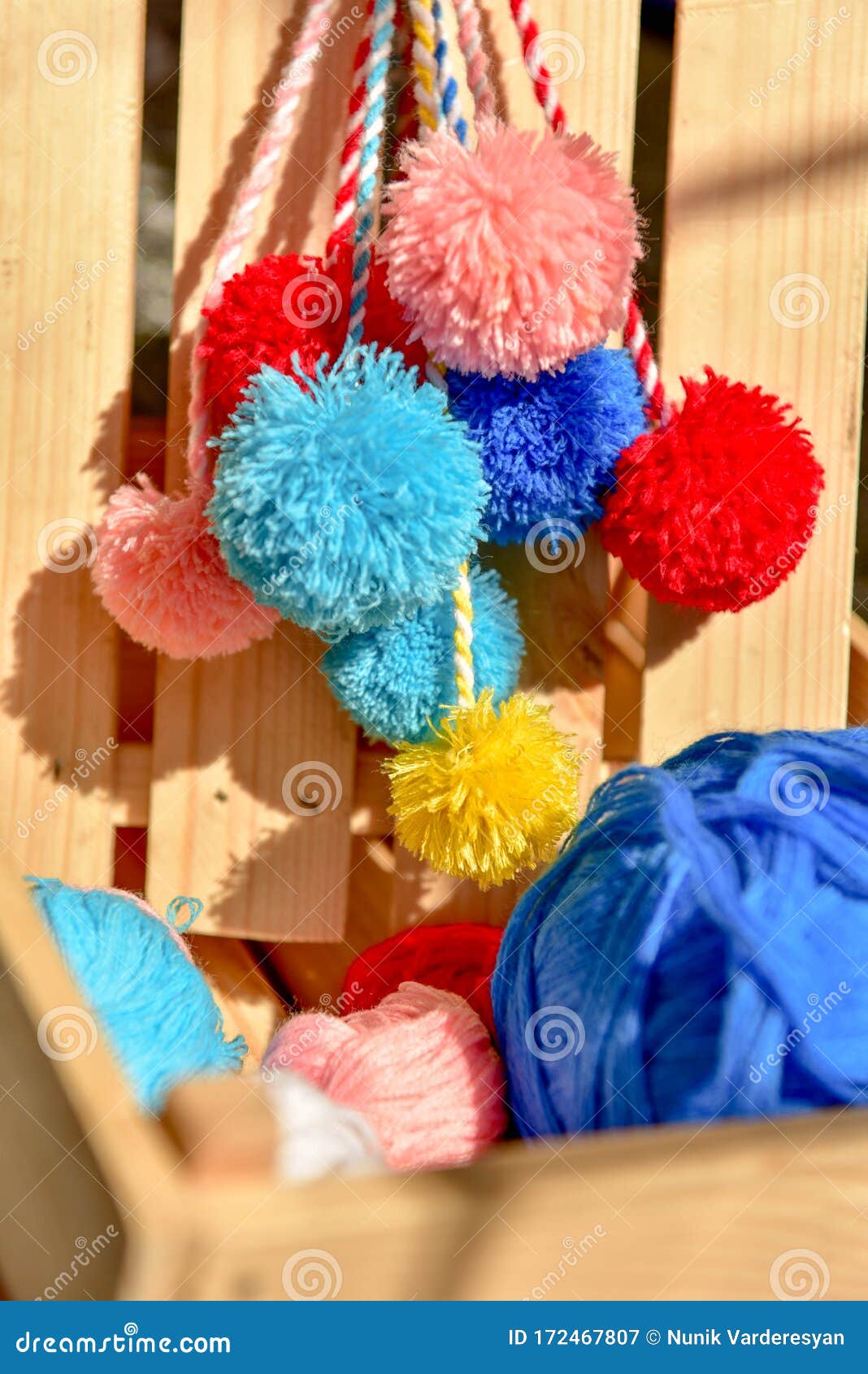 Fluffy Pom Poms with Multi-colored Threads. Stock Image - Image of ...