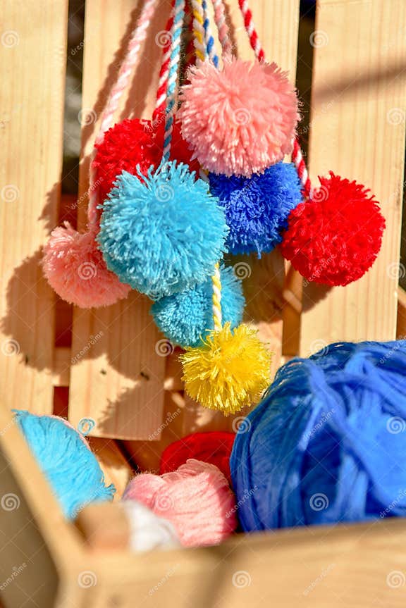 Fluffy Pom Poms with Multi-colored Threads. Stock Image - Image of ...