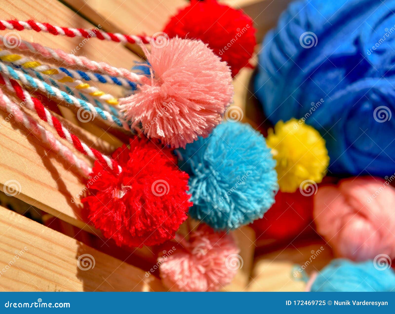 Fluffy Pom Poms with Multi-colored Threads. Stock Image - Image of ...