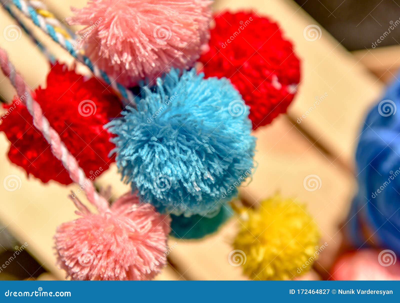 Fluffy Pom Poms with Multi-colored Threads. Stock Image - Image of ...