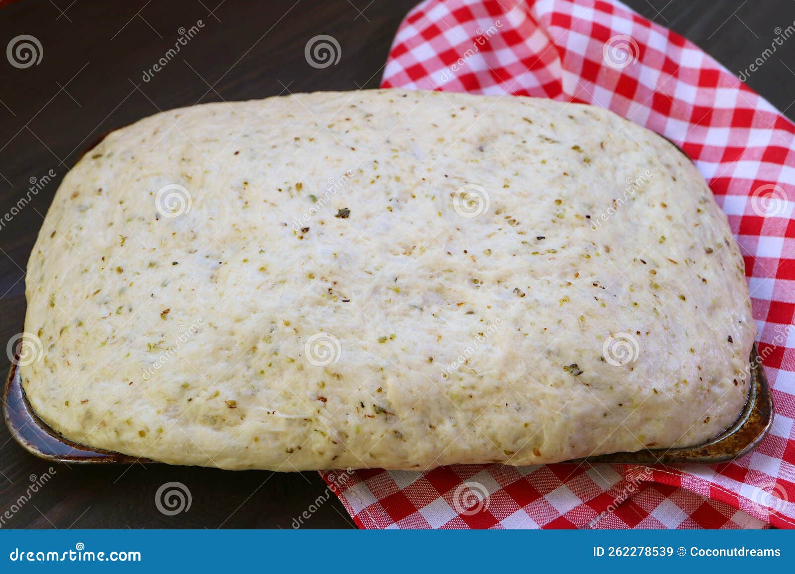 Proofed Focaccia Bread Dough with Herbs in a Baking Pan Stock Image ...