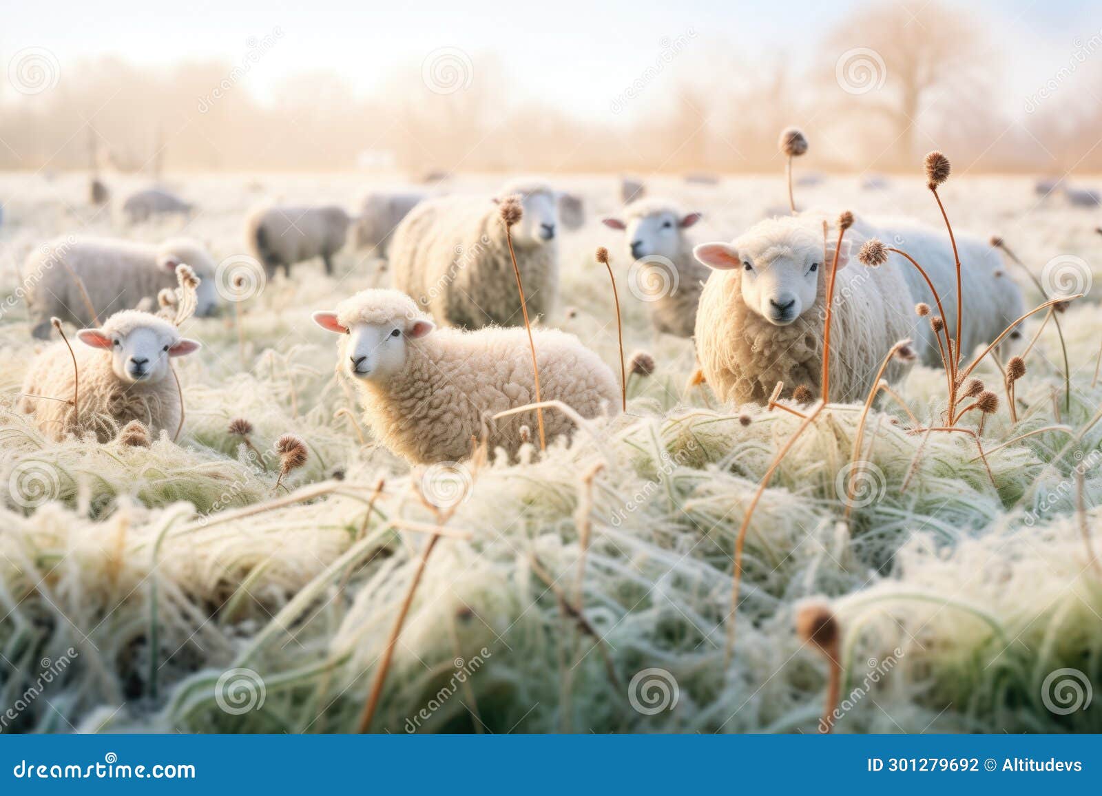 Fluffy Sheep Crowd on Frost-covered Grass Stock Photo - Image of sheep ...