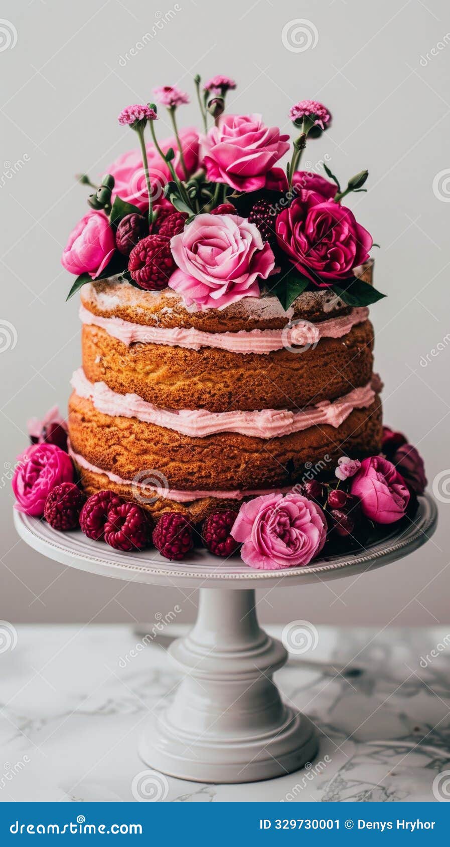 Fluffy Sponge Cake Topped with Vibrant Pink Flowers Stock Image - Image ...