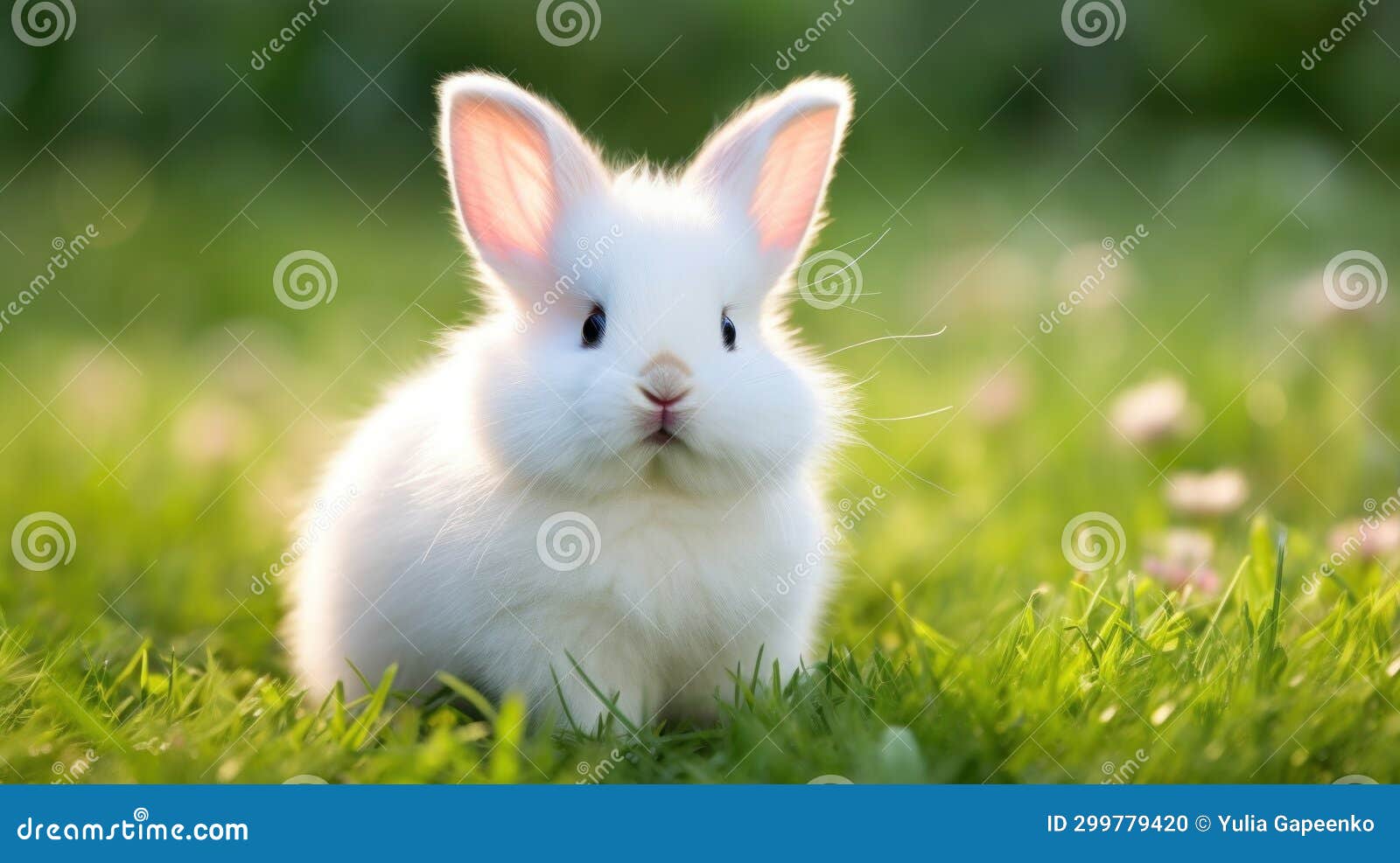 A Fluffy White Bunny Sitting on a Bed of Green Grass, Stock Photo ...