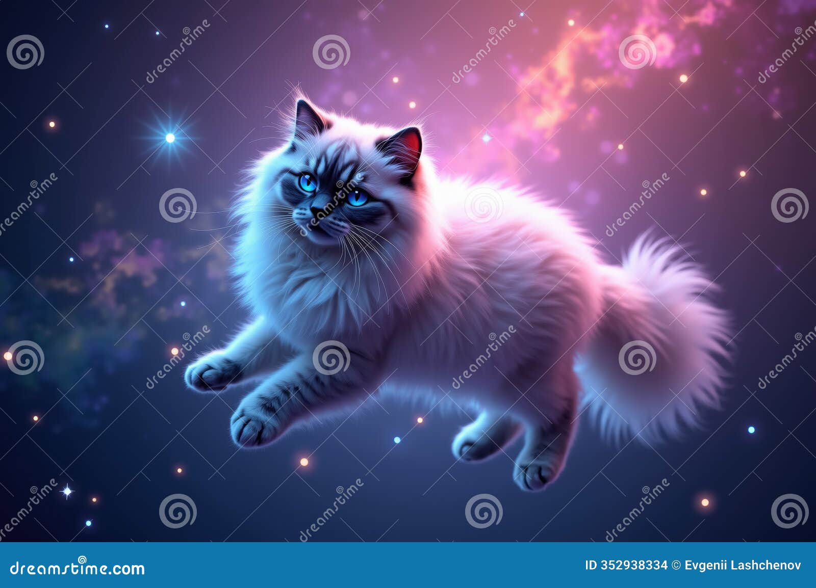Fluffy White Cat Leaping through a Starry Galactic Space. AI Generation ...
