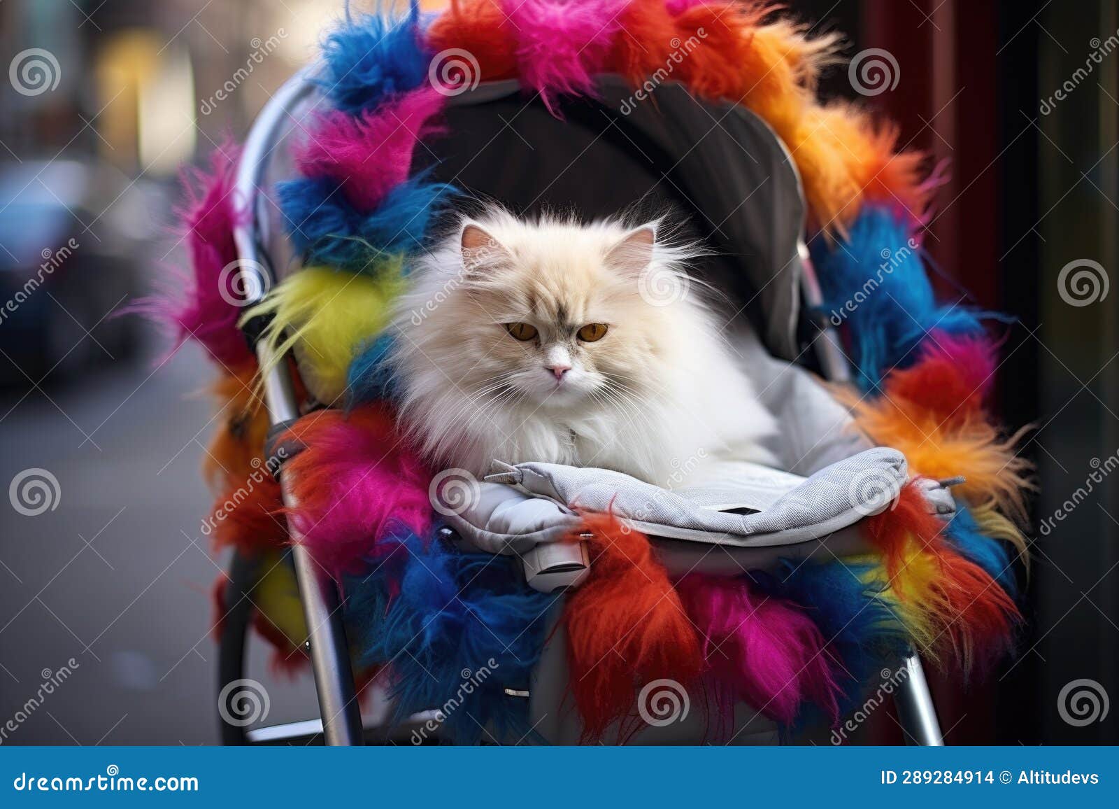 A Fluffy White Cat Nestled in a Multi-coloured Baby Stroller Stock ...