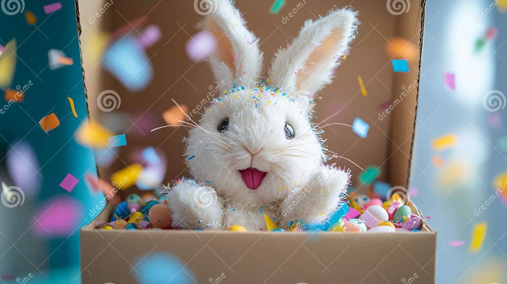 A Fluffy White Easter Bunny in a Box with Confetti Stock Illustration ...