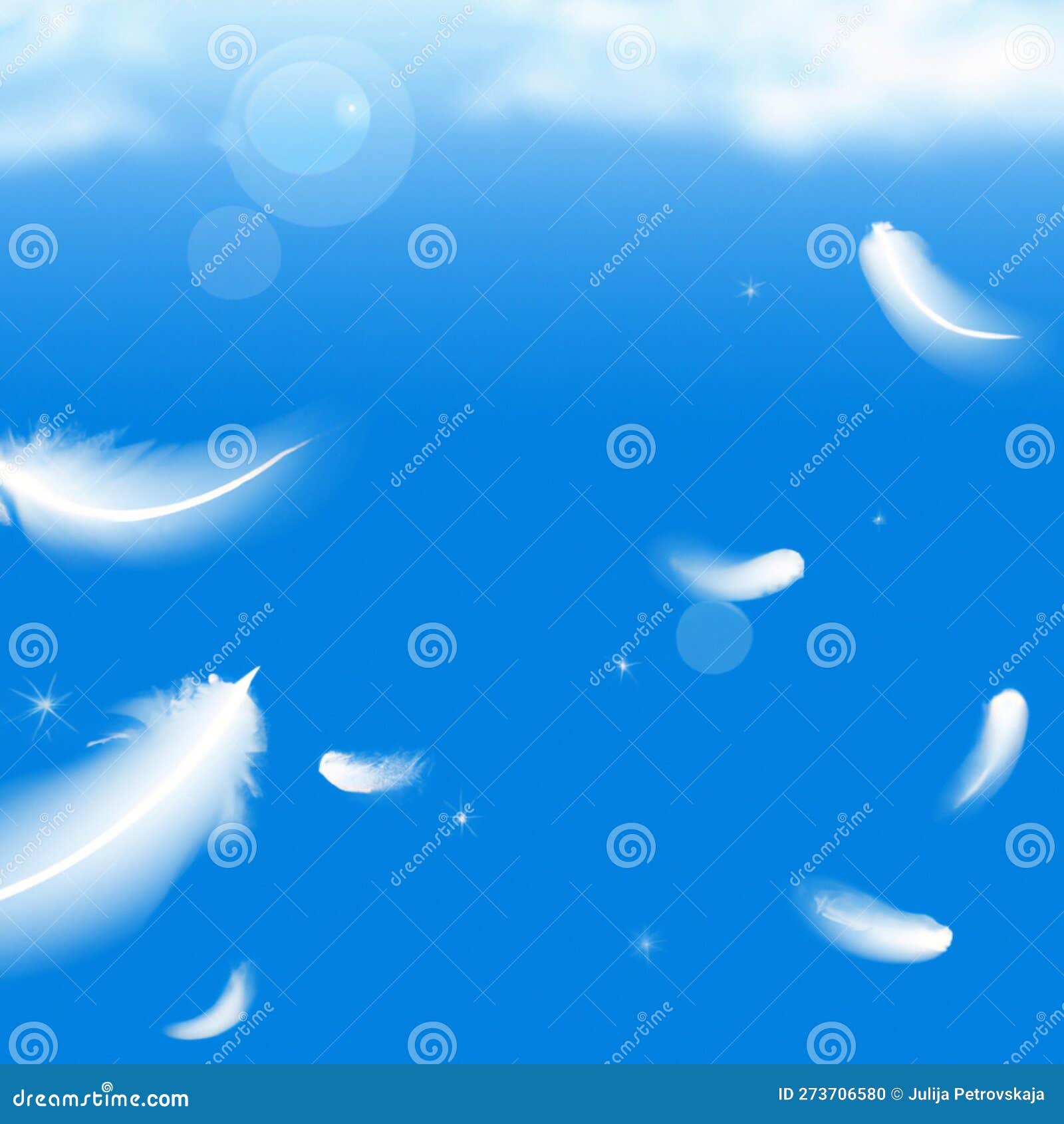 Fluffy White Feathers Falling Down in a Blue Sky. Feather Floating ...