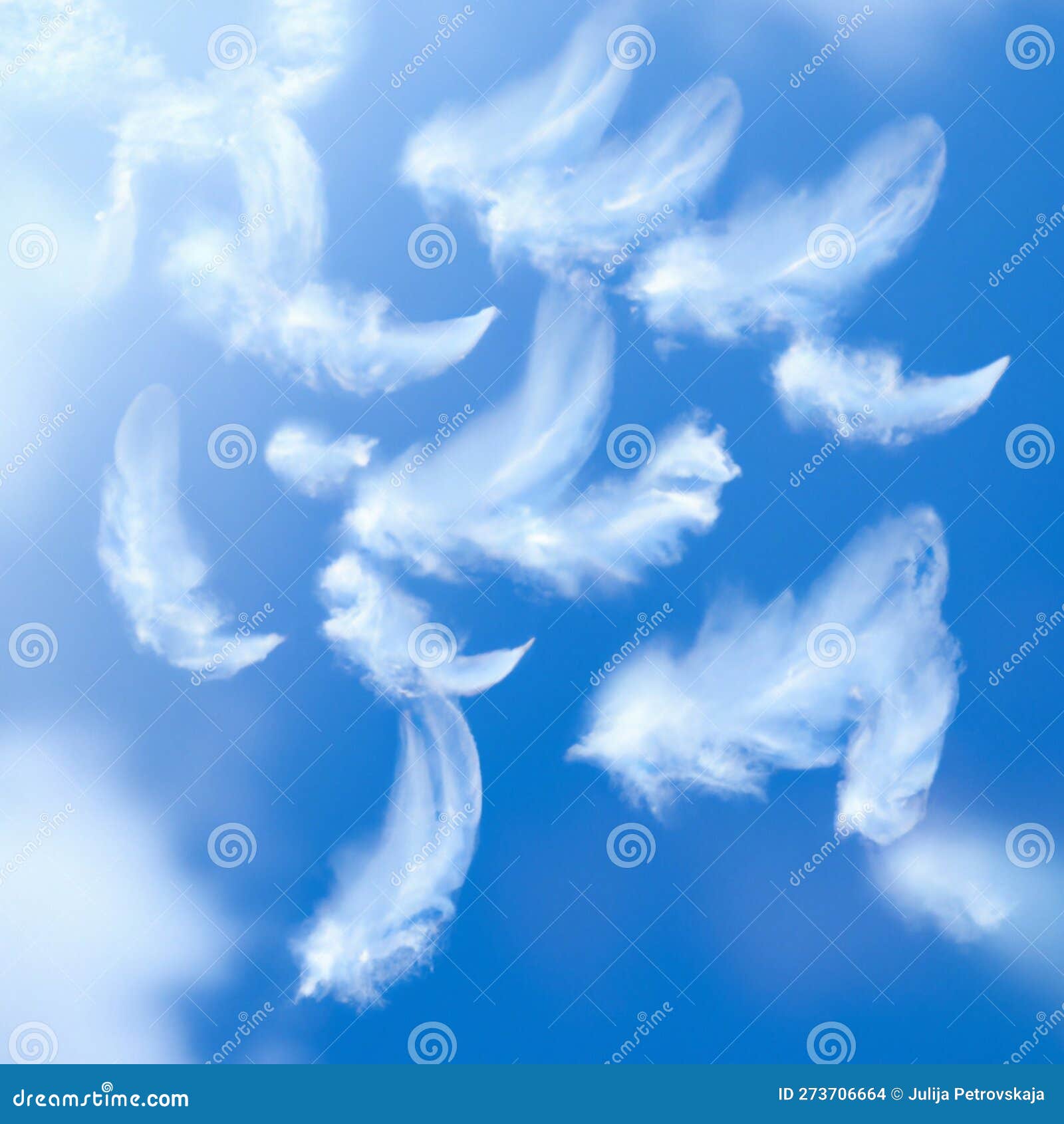 Fluffy White Feathers Falling Down In A Blue Sky. Feather Floating ...