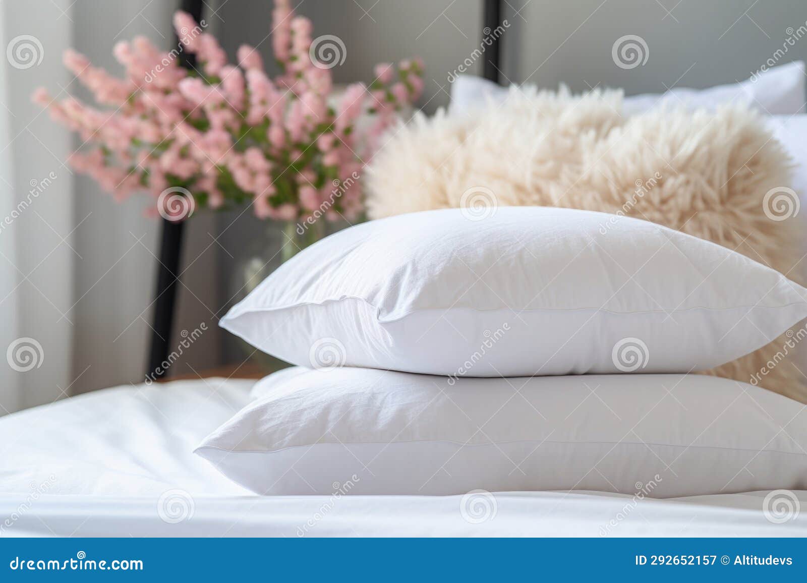 Fluffy White Pillows Stacked on a Well-made Bed Stock Image - Image of ...