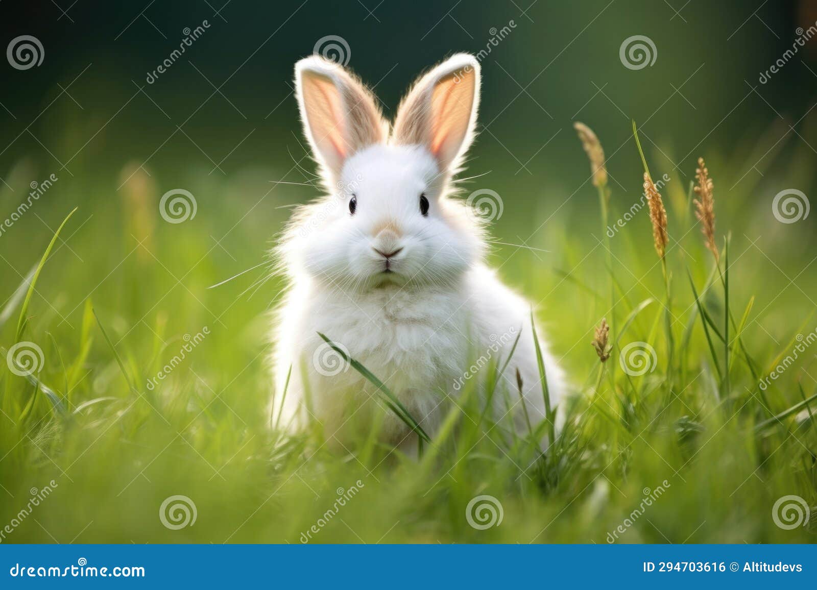 A Fluffy White Rabbit in a Grassy Meadow Stock Photo - Image of animal ...