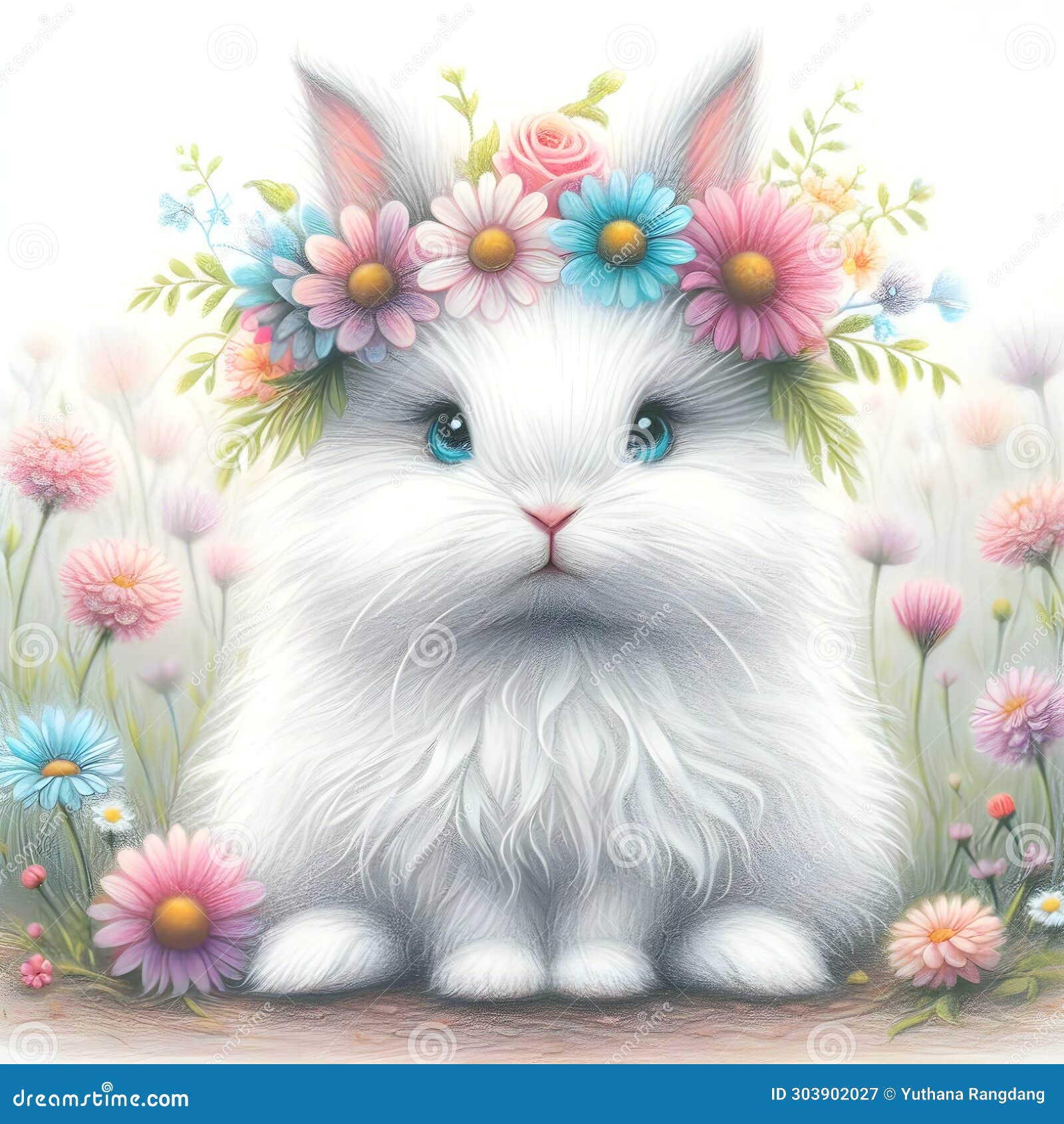 A Fluffy White Rabbit Sitting in a Field of Flowers. Stock Illustration ...