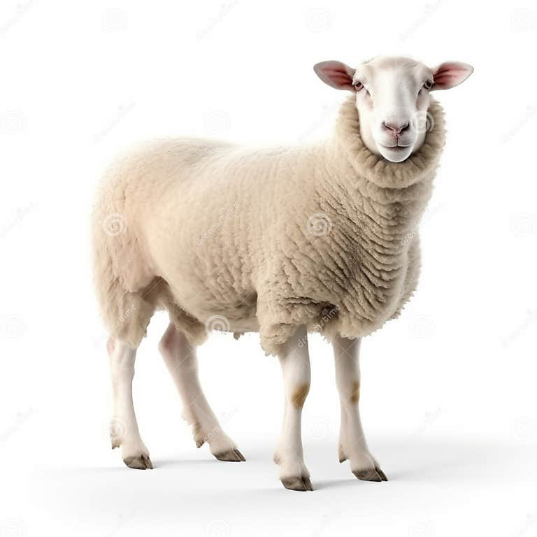 Fluffy White Sheep Standing on White Background Looking Forward Stock ...