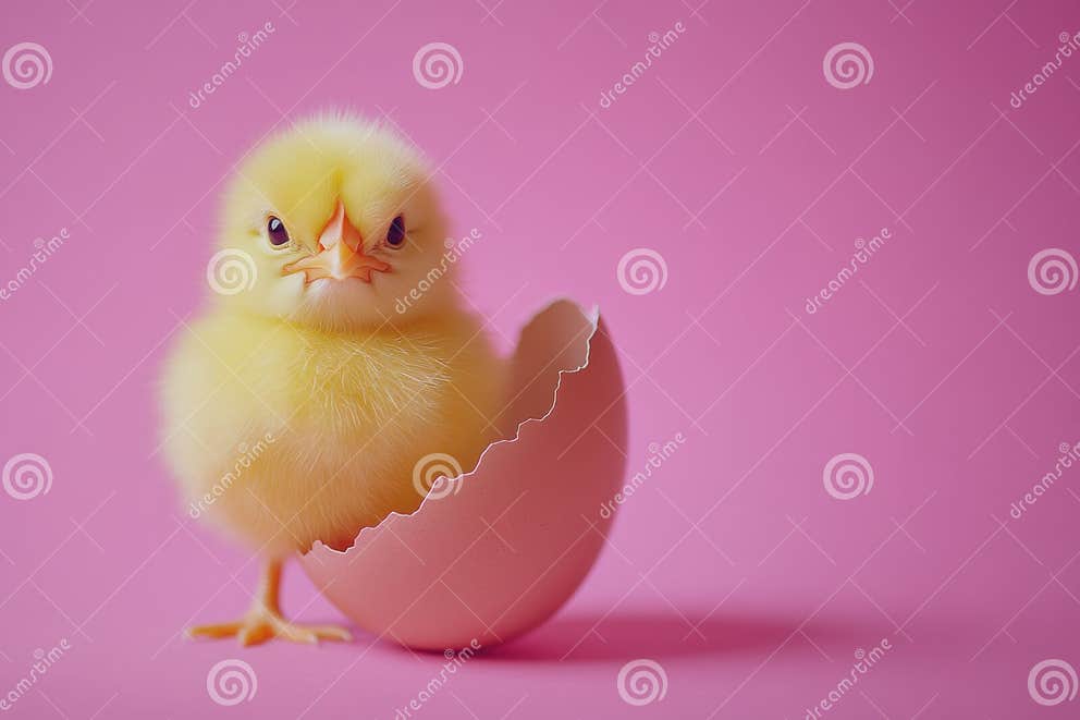 A Fluffy Yellow Chick Hatching from an Eggshell on a Pink Background in ...