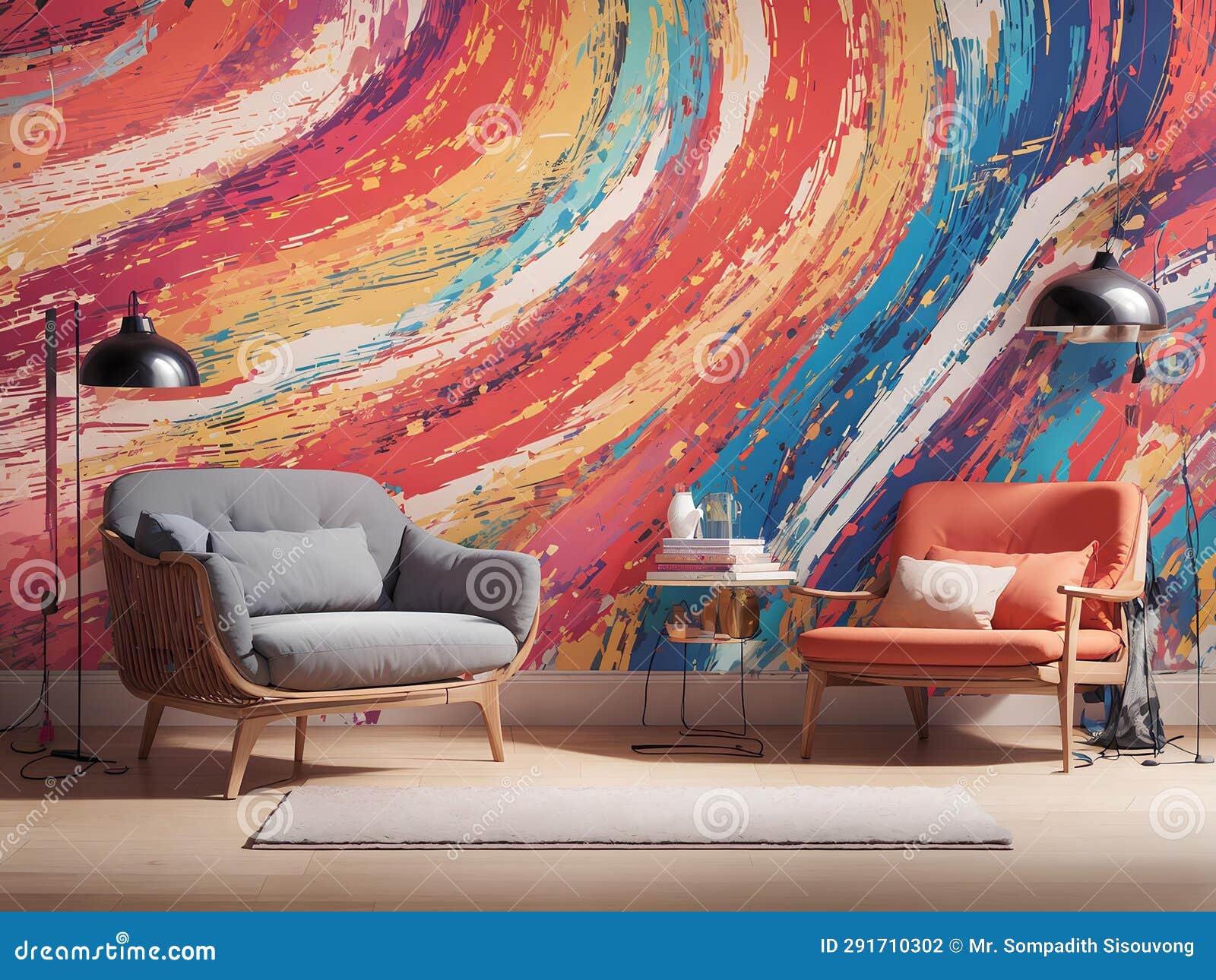 Colorful Abstract Pattern Wallpaper, Background, with Sofa in Living ...