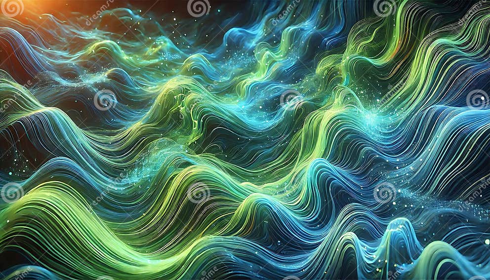 Fluid, Bioluminescent Wave Patterns in Vivid Greens and Blues with a ...