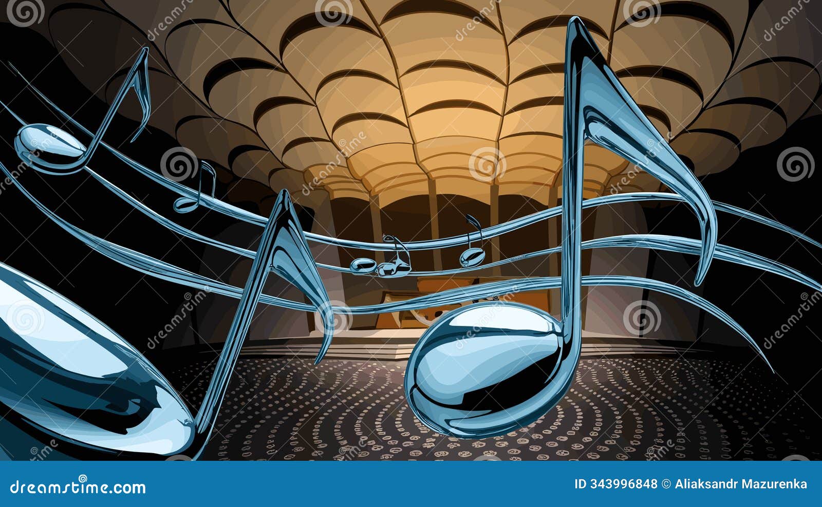 Fluid 3D Music Notes Made of Mercury, Reflecting a Distorted Concert ...