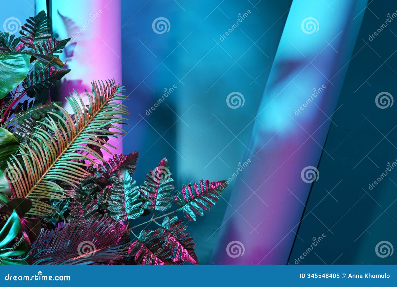 Fluorescent Background with Tropical Leaves and Paper Stock Image ...