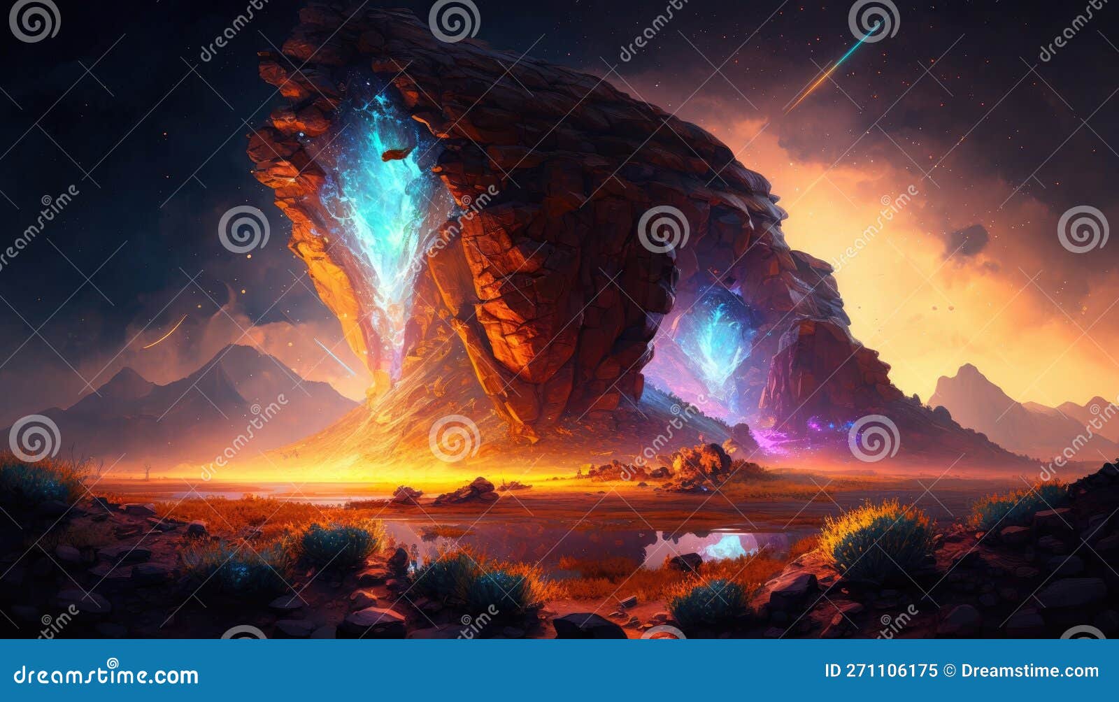 Fluorescent Mystic Rock in a Fantastical Landscape. Generative AI Stock ...