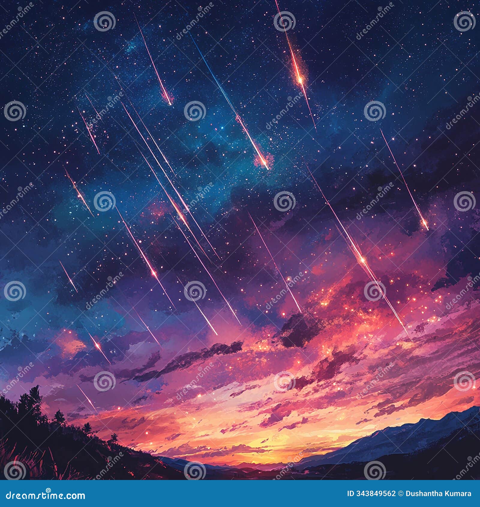 Flurry of Meteor Shower Design with Celestial Motion Stock Illustration ...