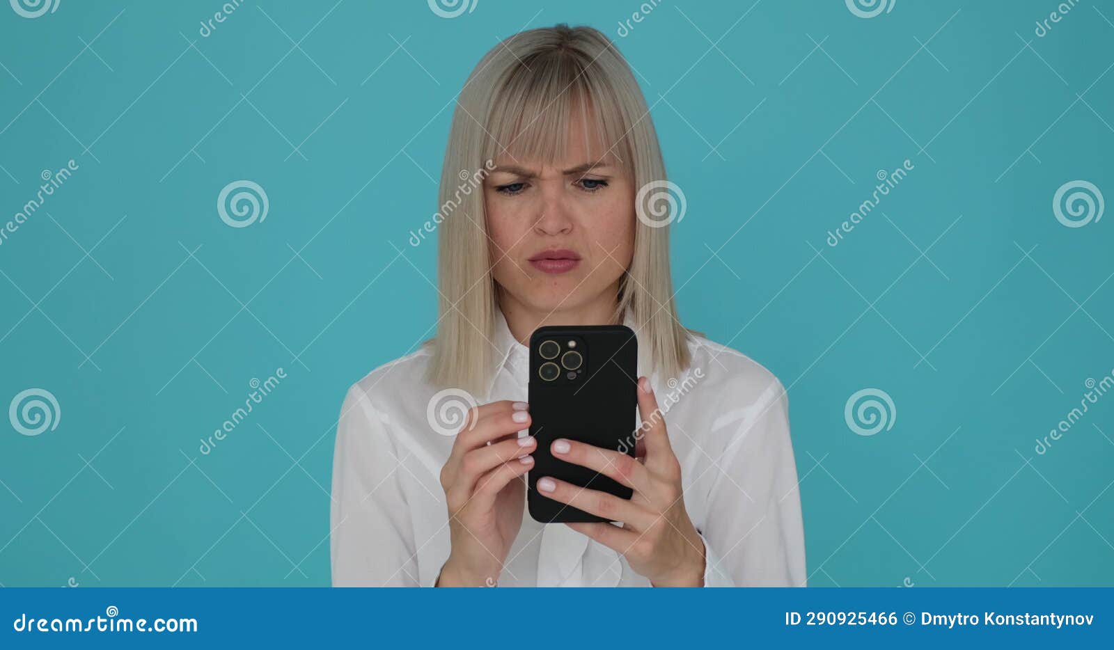 Flustered Woman Using Phone on Blue Background Stock Footage - Video of ...