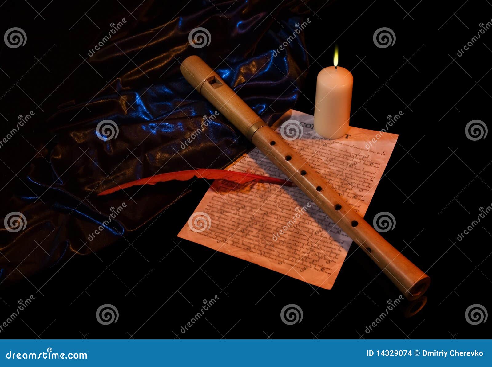 Flute, Candle, Manuscript and Red Feather Stock Photo - Image of ...