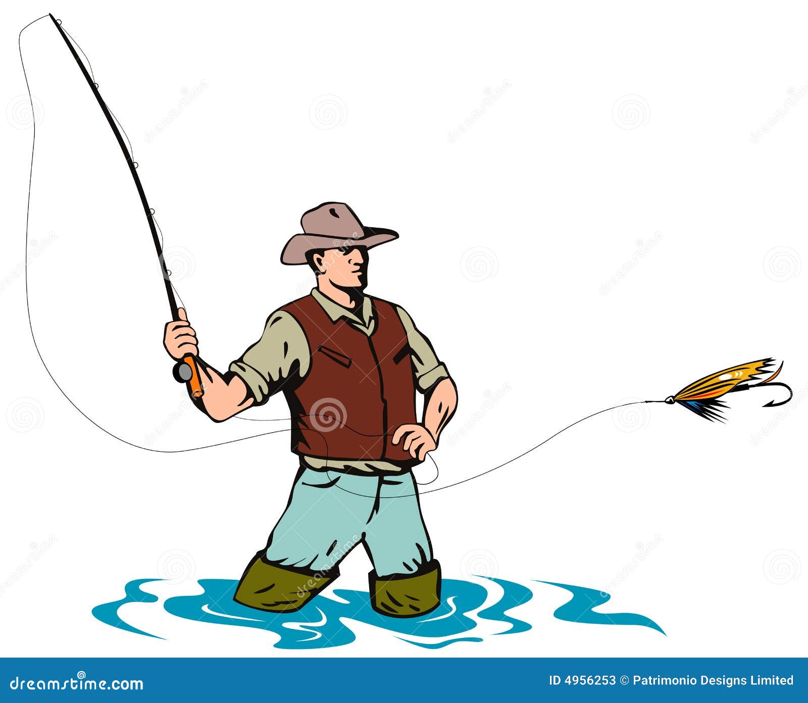 Fly Fisherman Catching Trout Fish Cartoon | CartoonDealer.com #35734091