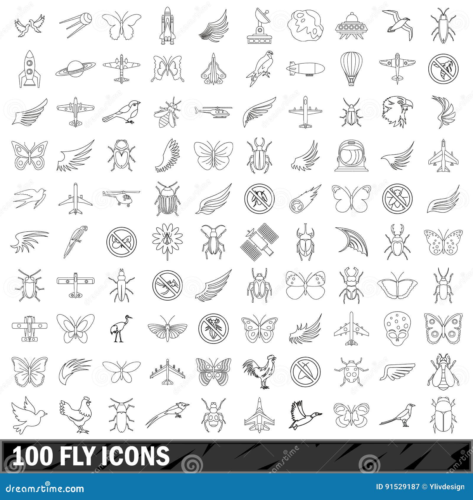 100 Fly Icons Set, Outline Style Stock Vector - Illustration of ...