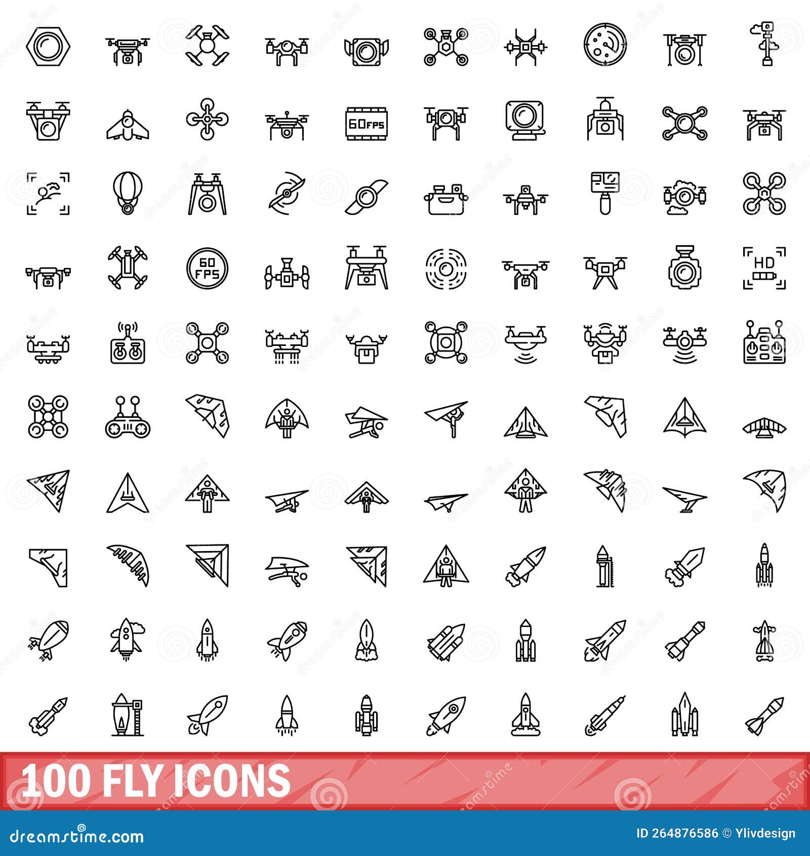 100 Fly Icons Set, Outline Style Stock Vector - Illustration of sport ...