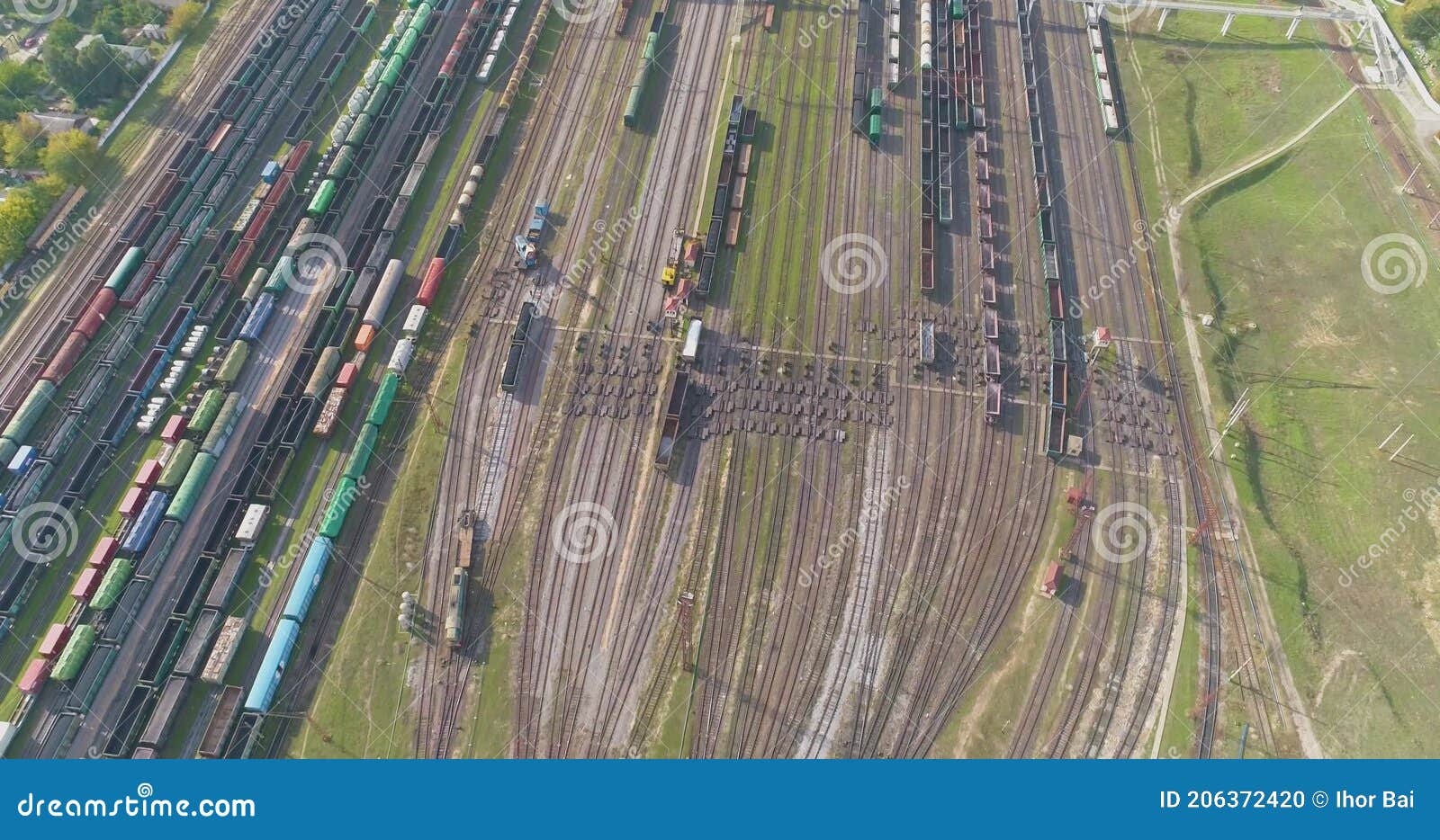 Fly Over a Large Railway Junction. Freight Trains Stand at the Railway ...
