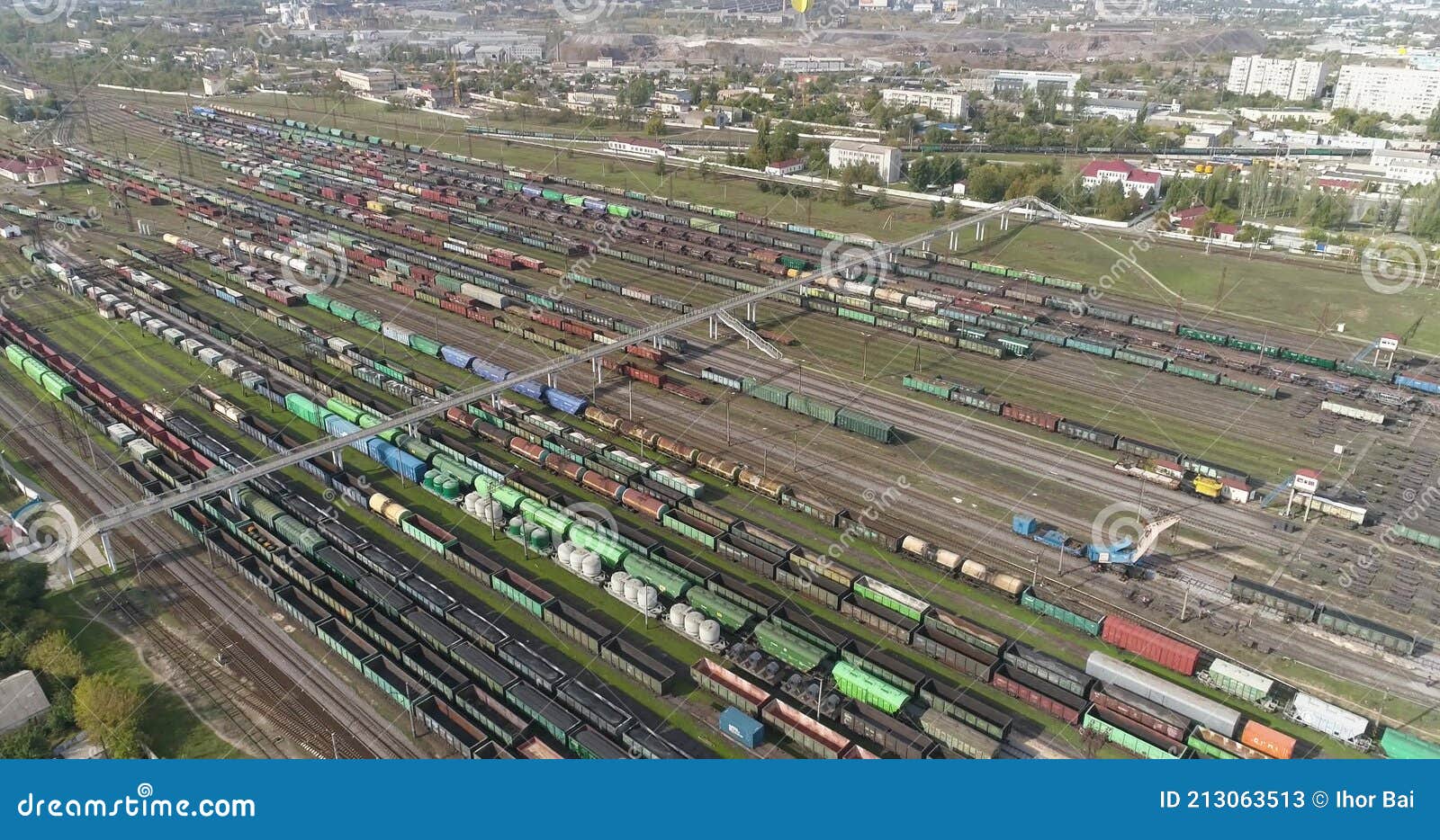 Fly Over a Large Railway Junction. Freight Trains Stand at the Railway ...