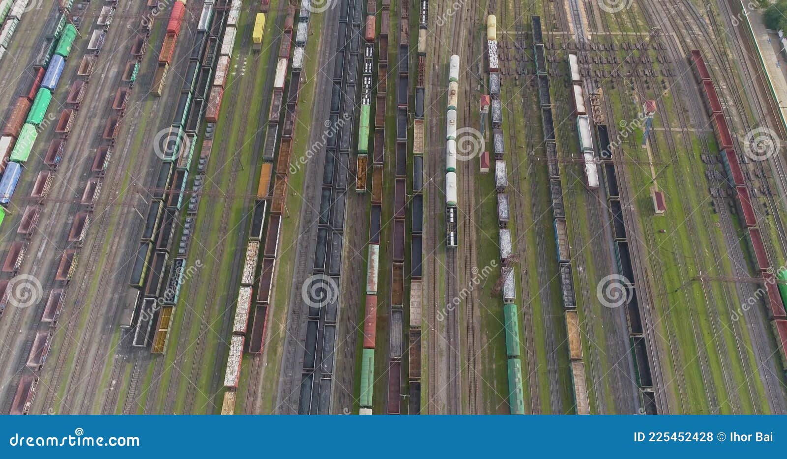 Freight Trains Stand at the Railway Junction Top View. Fly Over a Large ...